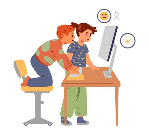 Boy And Girl Watching To Computer Screnn Together Flat Illustration
