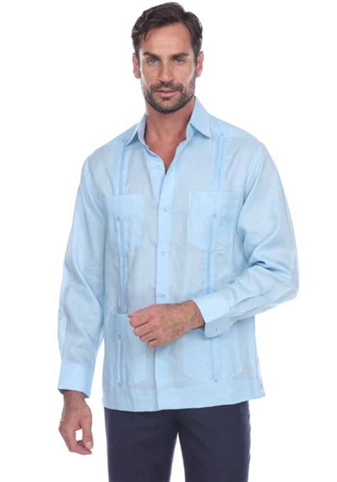 Traditional Guayabera Shirt Regular Linen Long Sleeve Light Blue Color