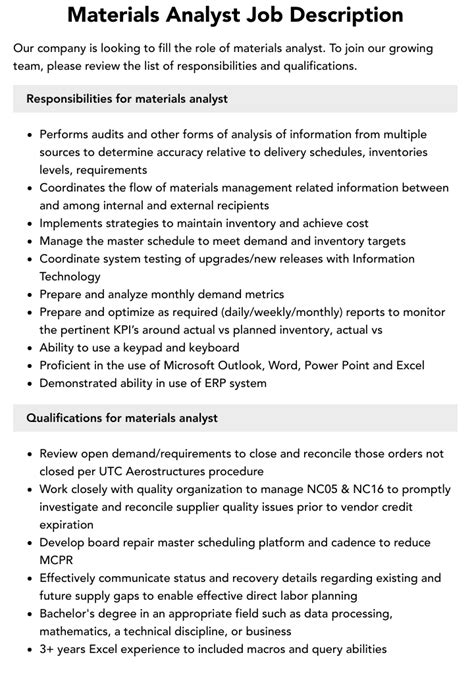 Materials Analyst Job Description Velvet Jobs