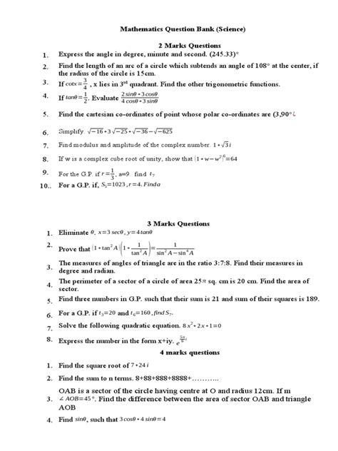 Maths Question Bank Unit Test 1 Pdf