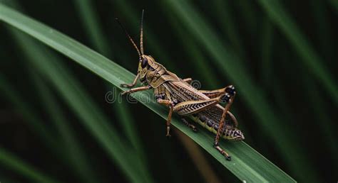 A Grasshopper Suborder Caelifera Perched On A Long Narrow Blade Of