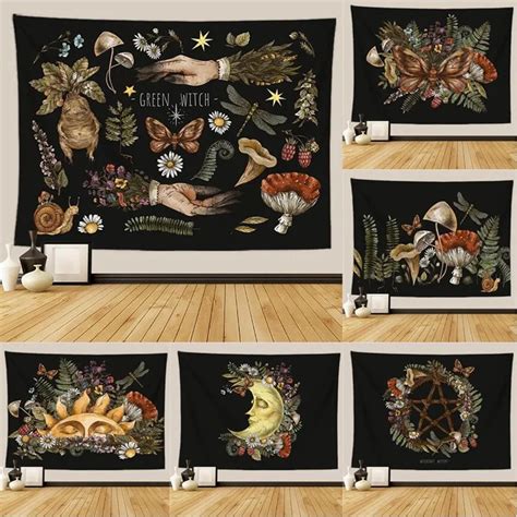 Mystery Vintage Tarot Mushroom Tapestry Wall Hanging Witch Hand Mural
