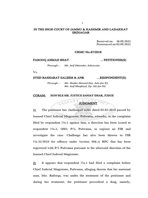 Farooq Ahmad Bhat Vs Syed Basharat Saleem And Anr Pdf Prosecutor