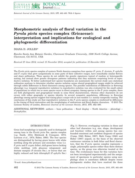 Pdf Morphometric Analysis Of Floral Variation In The Pyrola Picta