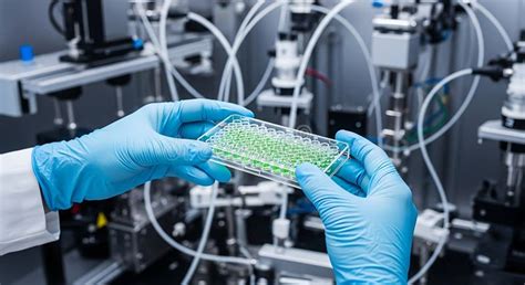 Scientist Examines A Microfluidic Chip With A Complex Network Of