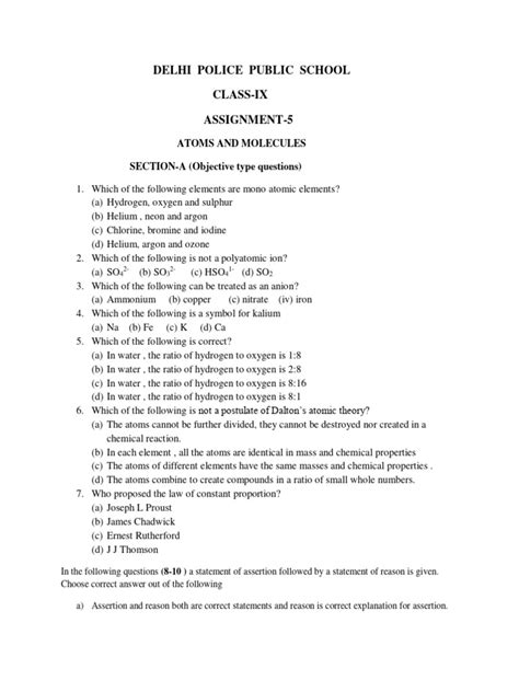 Class 9 Assignment 5 Chemistry Pdf Chemistry Atoms