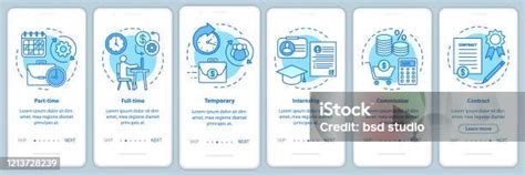 작업 유형 파란색 온보딩 모바일 앱 페이지 화면 선형 개념 파트 타임 임시 인턴십 연습 단계 그래픽 지침 Ux Ui 그림이 있는 Gui 벡터 템플릿 6에 대한 스톡 벡터