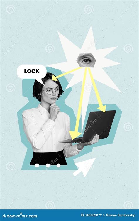 Vertical Photo Collage Of Serious Freelancer Girl Hold Laptop Lock
