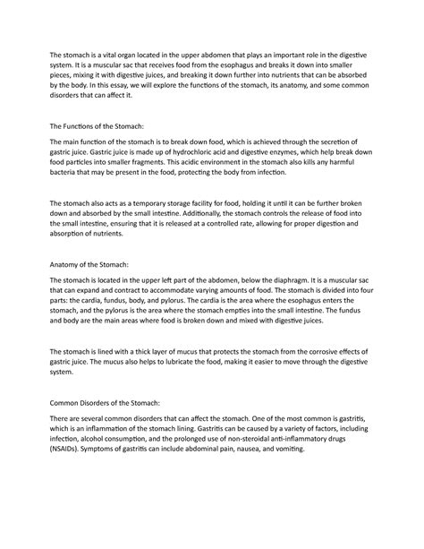 Stomach Lecture Notes The Stomach Is A Vital Organ Located In The