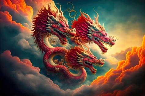 Premium Photo | Magical chinese red dragons flying high in clouds