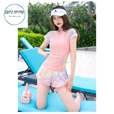 Sẵn Bikini Bộ Đồ bơi nữ áo tắm hai mảnh ngắn tay cá tính chất thun lạnh hàn quốc quần lớp
