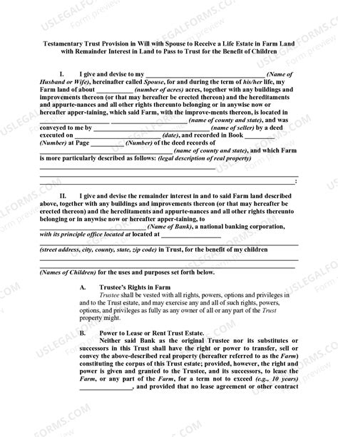 Guam Testamentary Trust Provision In Will With Spouse To Receive A Life Estate In Farm Land With