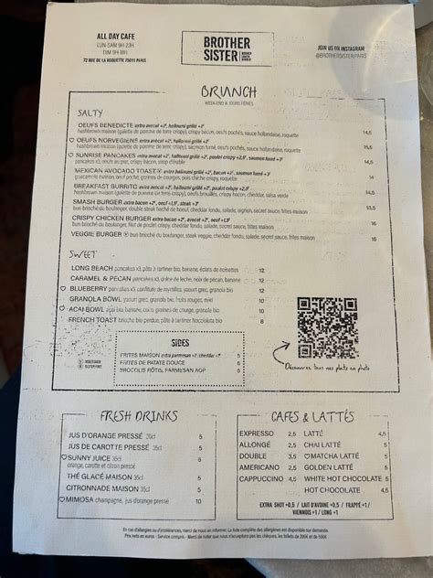 Menu Au Brother Sister Brunch Lunch Dinner Restaurant Paris