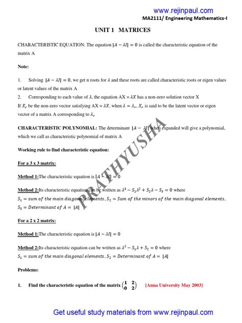 ma6151 mathematics i notes pdf eigenvalues and eigenvectors