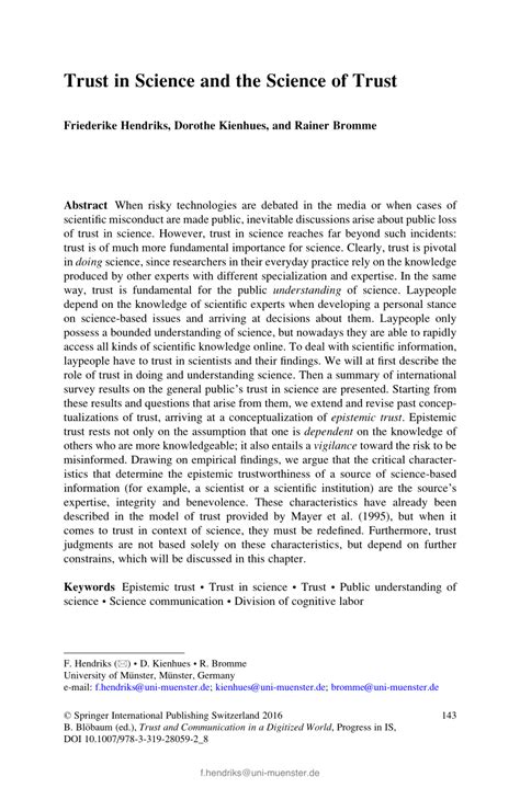 Pdf Trust In Science And The Science Of Trust