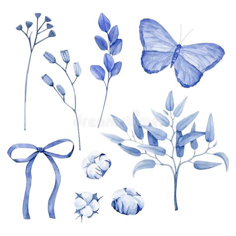Watercolor Set Of Blue Color With Eucalyptus Branches Dried Flowers