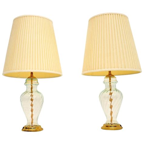 Vintage Don Ward Etched Glass Panel Wood And Brass Pair Of Table Lamps