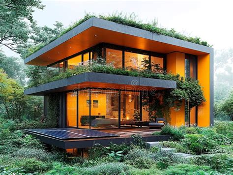 A Modern Angular Building With Dark Walls And Orange Accents Is Set Amidst Lush Greenery It