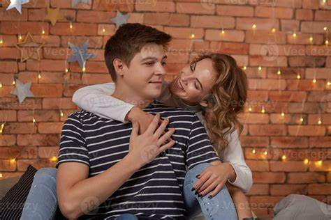 Relation Emotions Young Man Embracing Attractive Brunette Wife Indoor