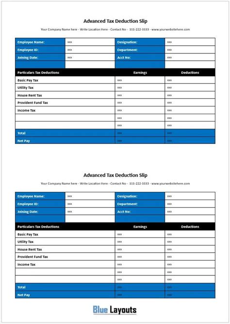 Advanced Tax Deduction Slip Templates Blue Layouts