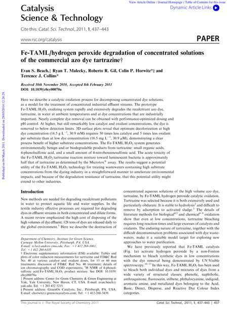 Pdf Fe Tamlhydrogen Peroxide Degradation Of Concentrated Solutions Of The Commercial Azo Dye