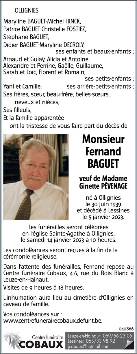Avis De Décès De Fernand Baguet Décédé Le 05012023 à Ollignies Annonce Condoléances Fleurs