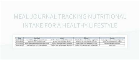 Meal Journal Tracking Nutritional Intake For A Healthy Lifestyle Excel