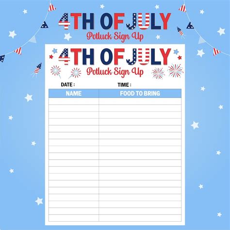 4th Of July Potluck Sign Up Sheet 4th Of July Sign Up Form
