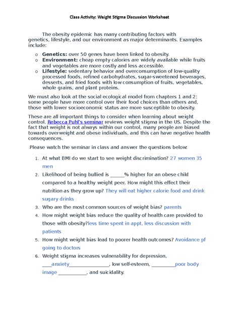 Community Weight Stigma Discussion Worksheet Class Activity Weight
