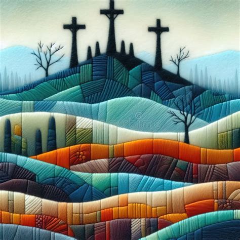 Felt Art Patchwork Three Crosses On Top Of The Hill In The Mist Stock