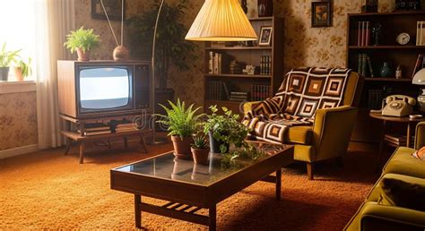 Retro 1970s Living Room Featuring A Vintage Box Television With Wood