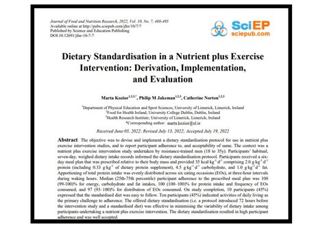 Dietary Standardisation In A Nutrient Plus Exercise Intervention