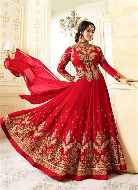 Red Embroidered Georgette Anarkali Suit Women Dress Collection