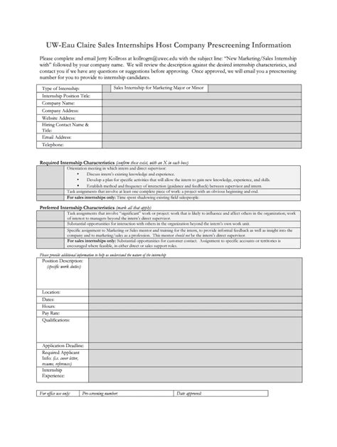 Fillable Online Sales Internships Host Company Prescreening Fax Email