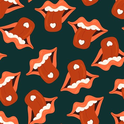 Premium Vector Pink Open Lips Teeth And Tongue In Mouth Red Hearts Vector Seamless Pattern