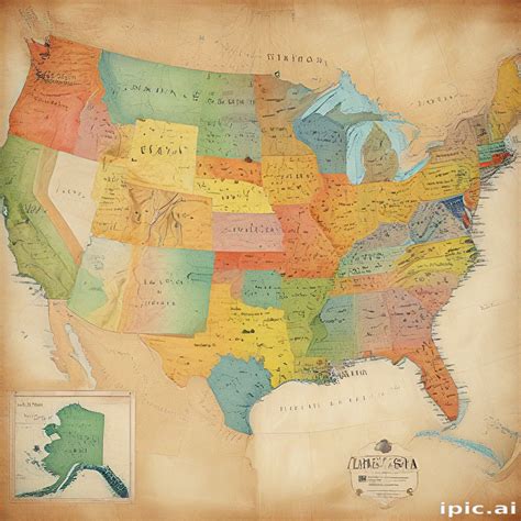 Colorful Vintage Map Of The United States Highlighting State Boundaries
