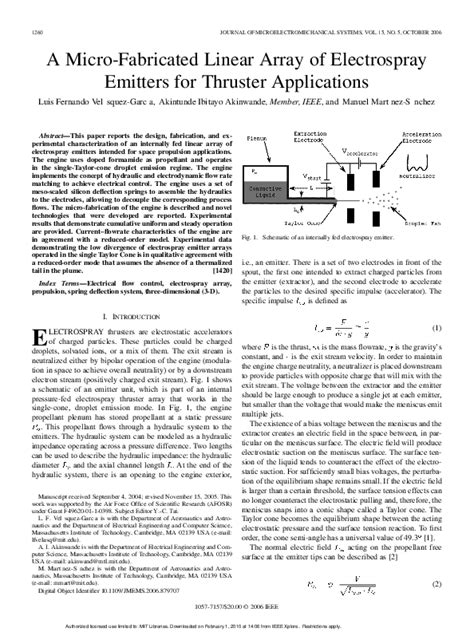 Pdf A Micro Fabricated Linear Array Of Electrospray Emitters For Thruster Applications