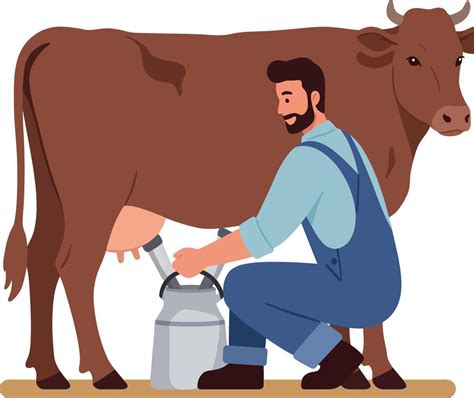 Farmer Milking A Brown Cow In A Flat Illustration Style Showcasing