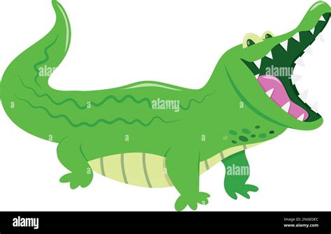 A Cartoon Vector Illustration Of A Cute Green Crocodile With Mouth Wide