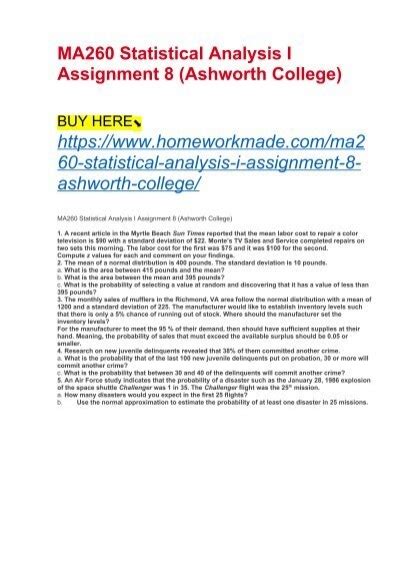 Ma260 Statistical Analysis I Assignment 8 Ashworth College
