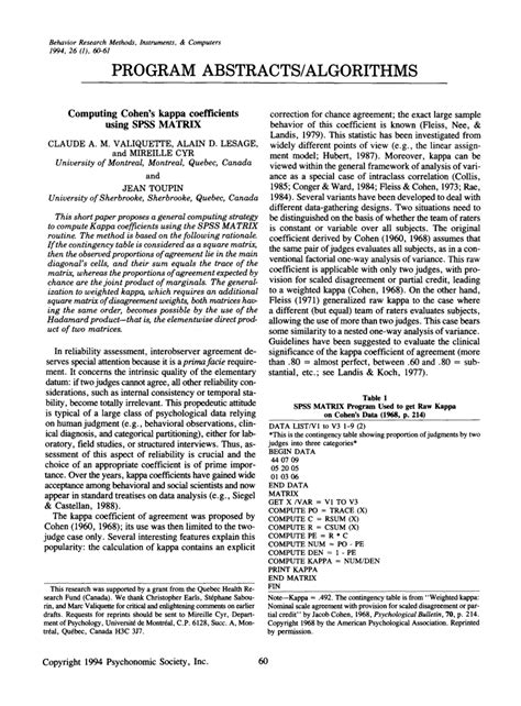 Pdf Computing Cohens Kappa Coefficients Using Spss Matrix
