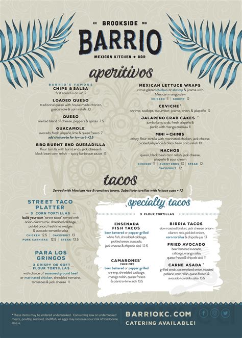 Menu Kansas City Mos Brookside Barrio Sirved