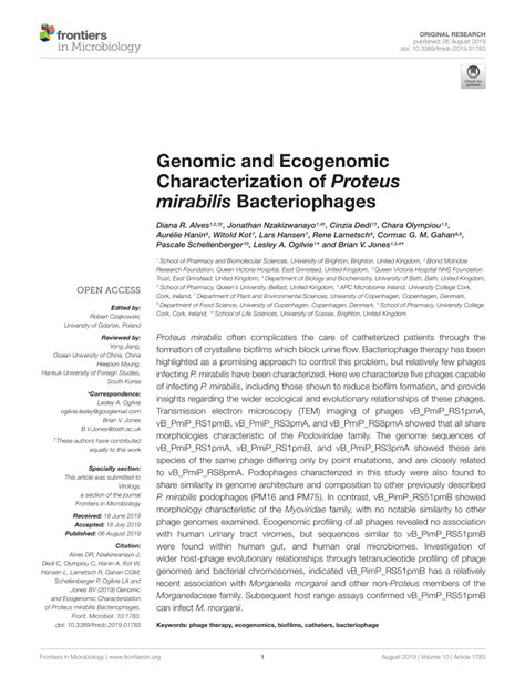 Pdf Genomic And Ecogenomic Characterization Of Proteus Mirabilis Bacteriophages