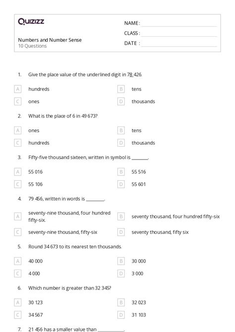 50 Number Sense Worksheets For 5th Class On Quizizz Free And Printable