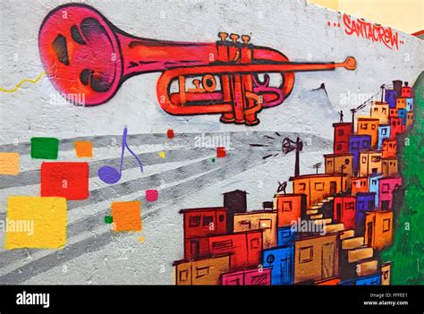 Favela Santa Marta Rio De Janeiro Brazil Graffiti With A Trumpet