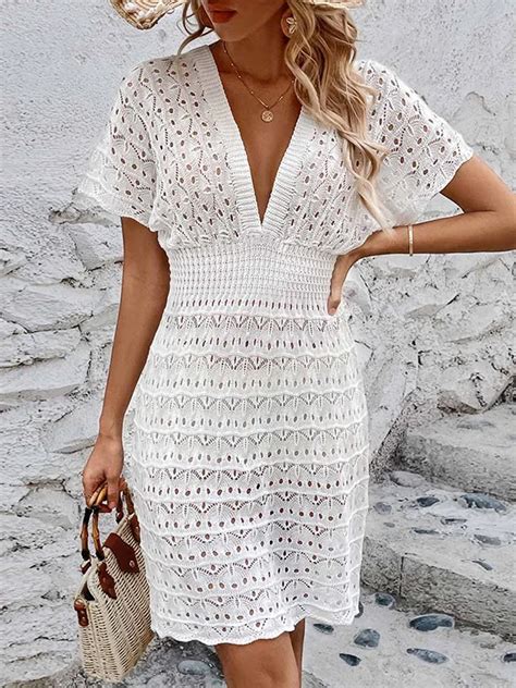 Elegant And Alluring Loose Short Sleeves Hollow See Through Solid