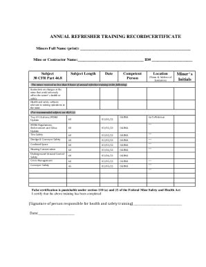 Mining Annual Refresher Training Certificate Blank Fillable Template