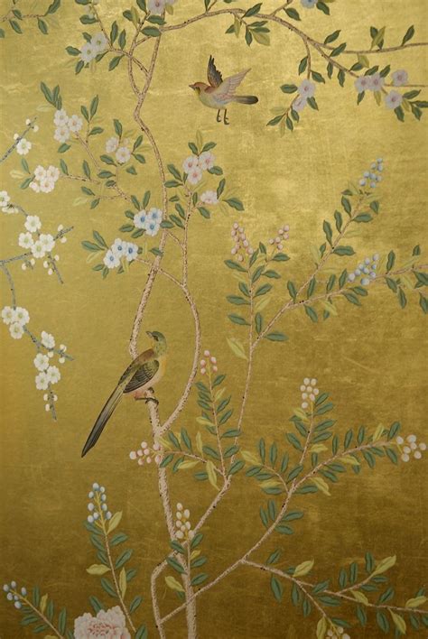 Hand Painted Gold Chinoiserie Silk Wallpaper With Peony Flowers And