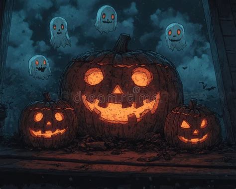 Three Glowing Jack O Lanterns With Eerie Faces Sit On A Porch
