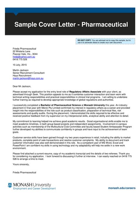 Example Of A Cover Letter For Bachelor Of Pharmaceutical Science